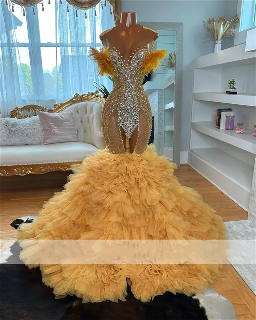 Shimmering Gold Prom Dress: Beaded Crystal Rhinestones Feathers Ruffle ...
