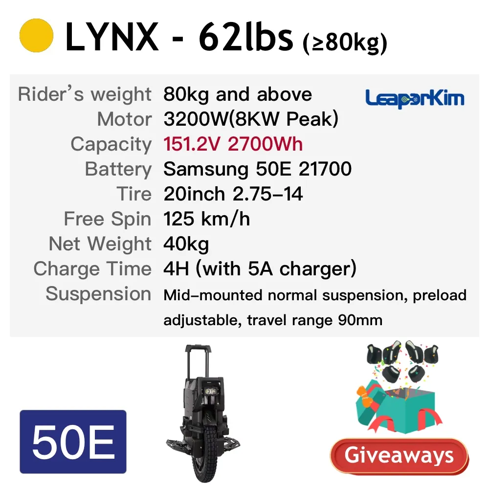 Leaperkim Veteran LYNX 20inch Electric Unicycle 151.2V 2700WH 3200W Off ...
