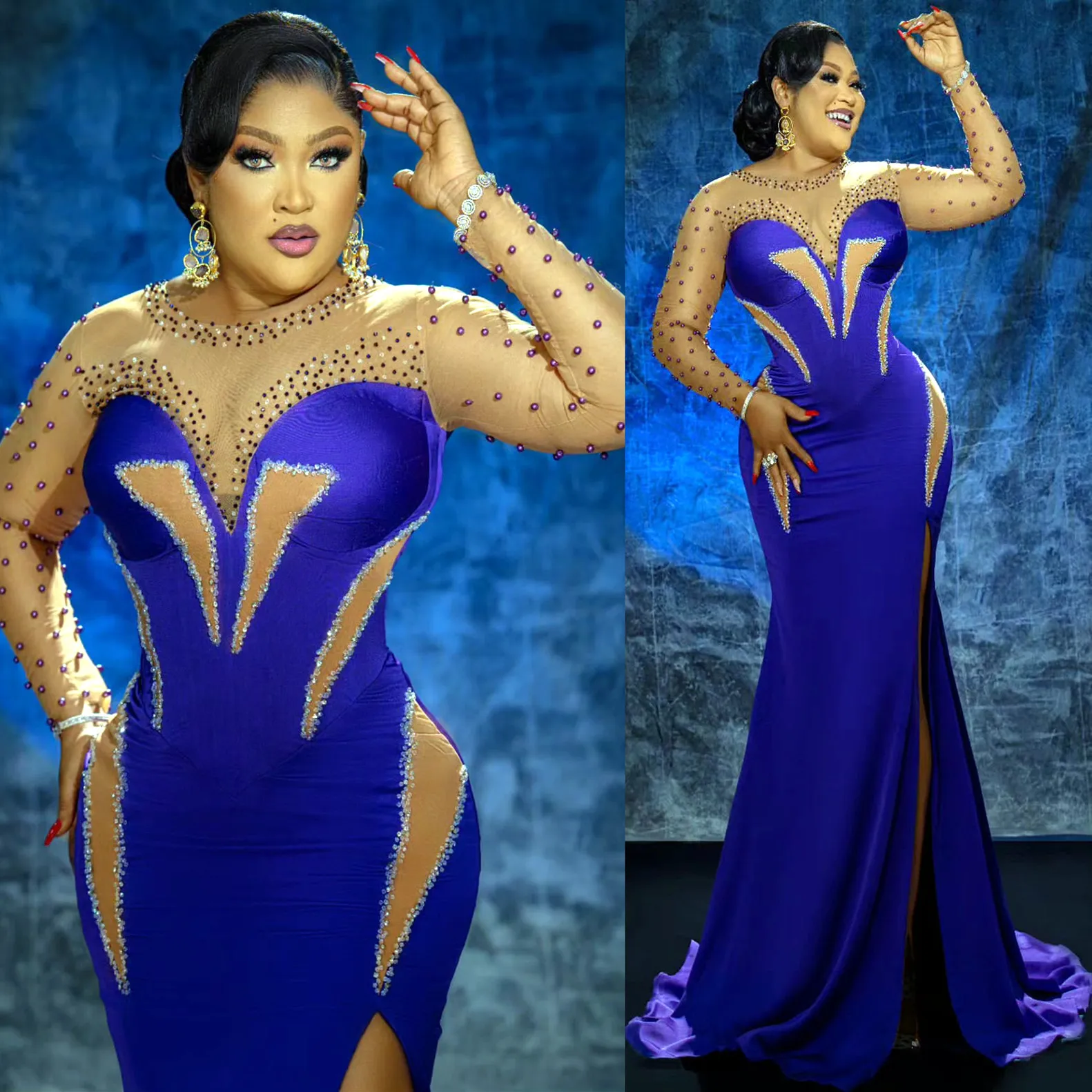 Blue Beaded Mermaid Purple Mermaid Prom Dress For 2022 Sheer Neck ...