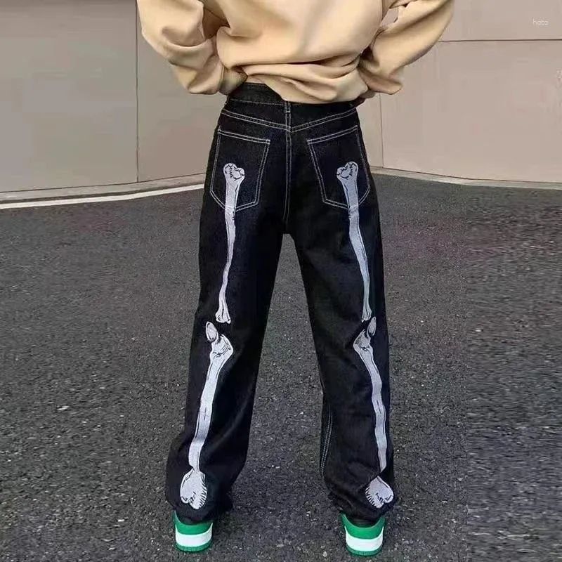 Men's Streetwear Jeans: Dark Black Skeleton Embroidered Wide Leg Denim ...