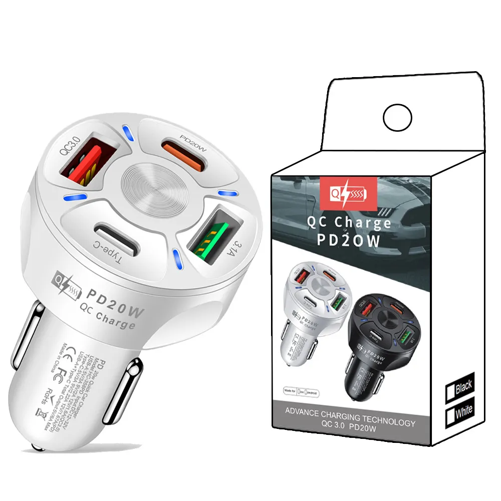 Fast Quick Charging 53W Dual PD USB C 4 Ports Car Charger Power ...