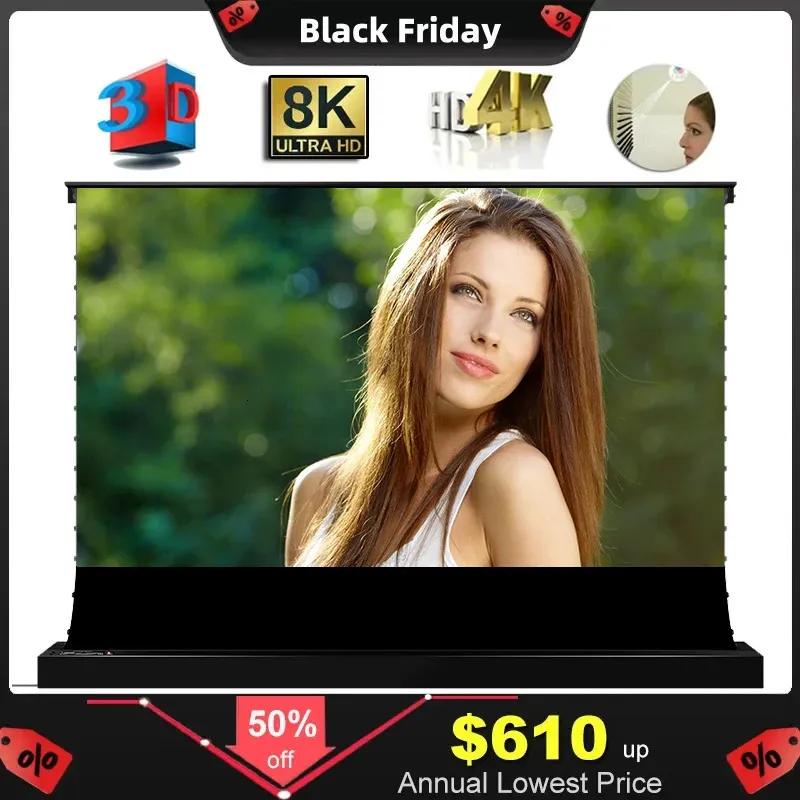 Max Electric Tab Tension Floor Rising Projector Screen: UST Laser TV 3D ...