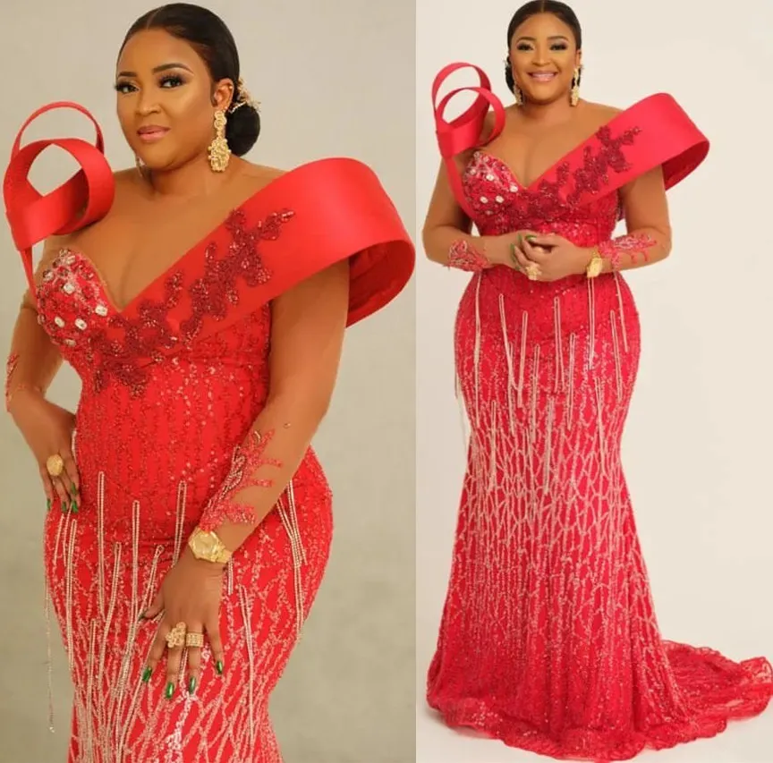 2024 Aso Eb Red Mermaid Prom Dress Beaded Sheer Neck Lace Evening ...