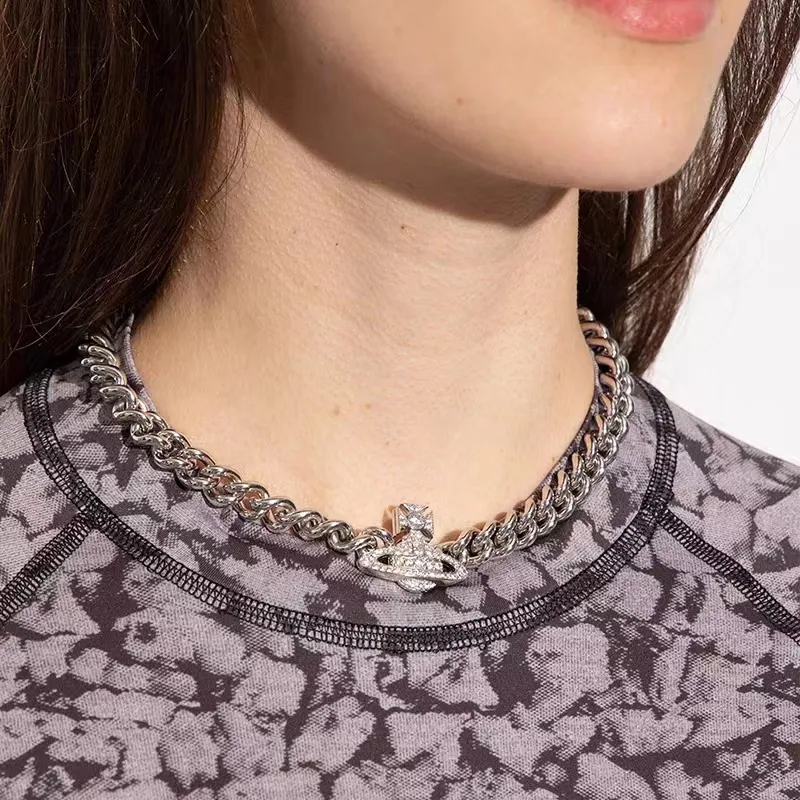 Vi#Viane* Saturn Cuban Link Choker Necklace Plated Dashing Cubic ...