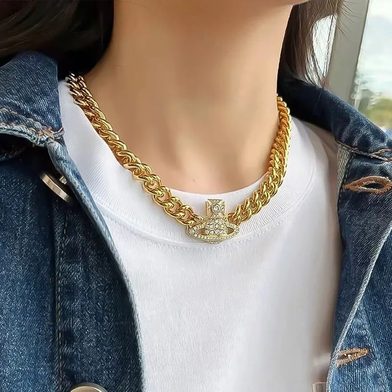 Vi#Viane* Saturn Cuban Link Choker Necklace Plated Dashing Cubic ...