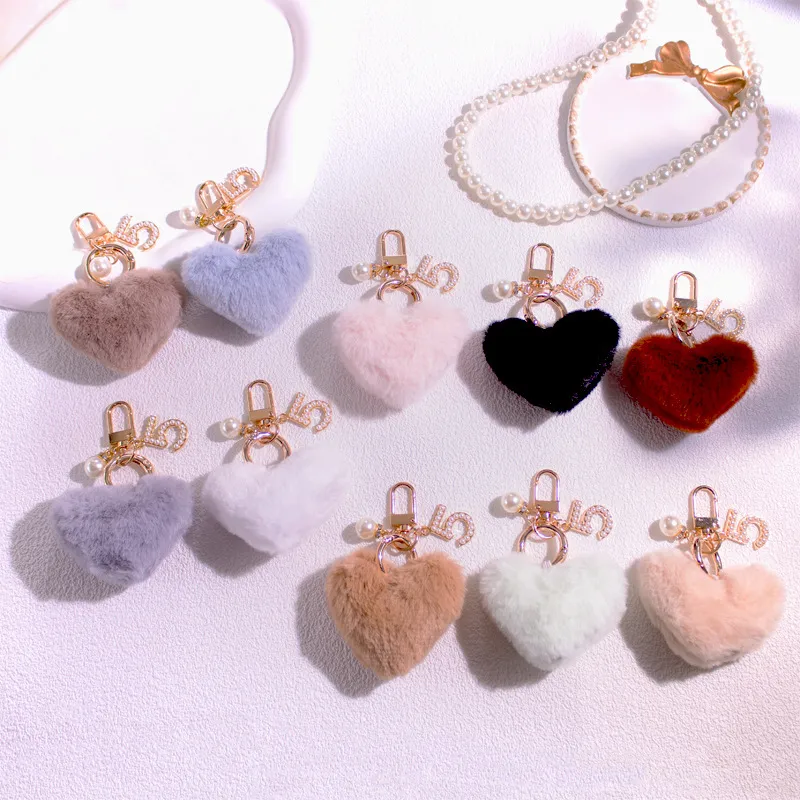 Fluffy Plush Heart Key Chain with 14K Gold-Plated Alloy Pendant for ...