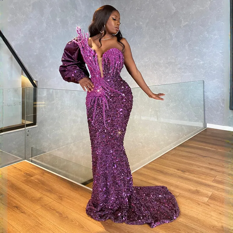 Grape Mermaid Aso Ebi Gown: One Shoulder Sequined Evening Dress, Beaded ...