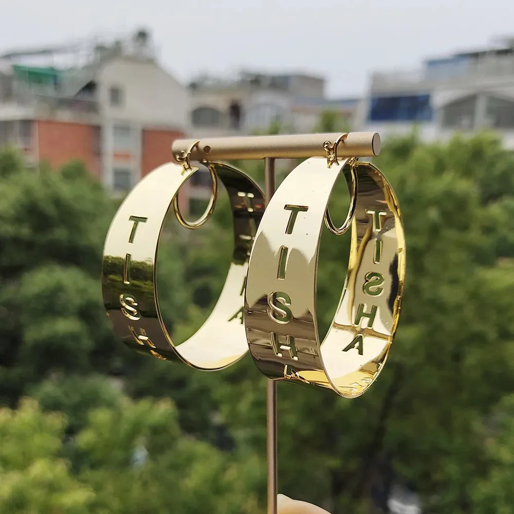 Hoop Huggie Earrings 40mm-90mm Stainless Steel Custom Name Hollow Large ...