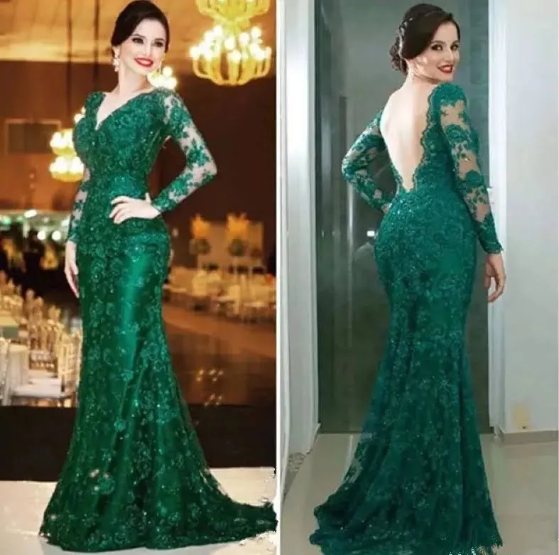 Emerald Green Lace Mermaid Evening Dress With Beaded Long Sleeves And See Through Back For ...