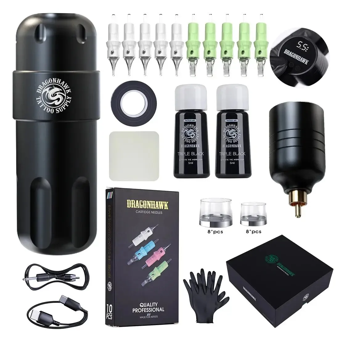 Tattoo Gun Kits Dragonhawk Complete Pen Wireless Type C Charge Tattoo ...