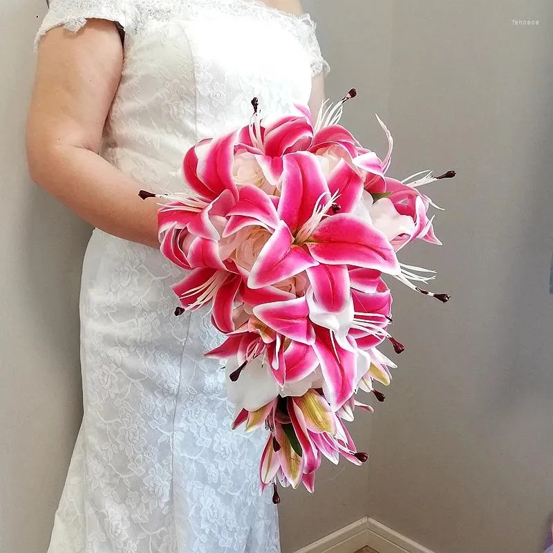 DHgate.com:Artificial Dark Pink Lilies and White Rose Waterfall Wedding ...