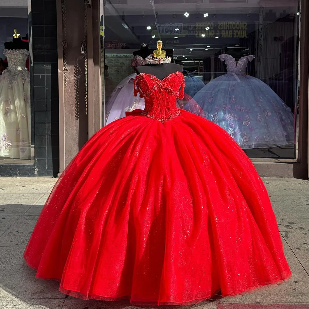 Princess Red Quinceanera Dresses Short Sleeves Sequin Beading Sweet 16 ...