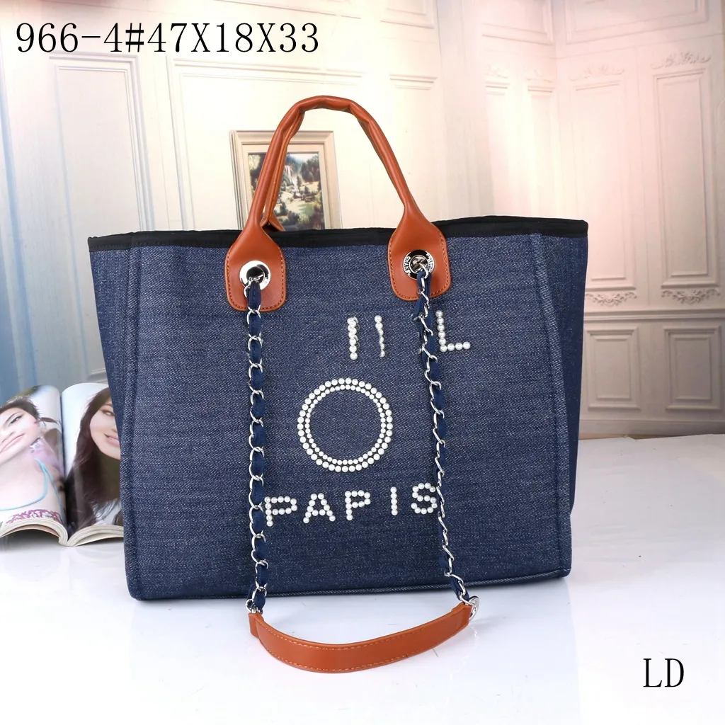 Denim Tote Bag with Greek Embroidery - Large Capacity Canvas Beach Bag ...