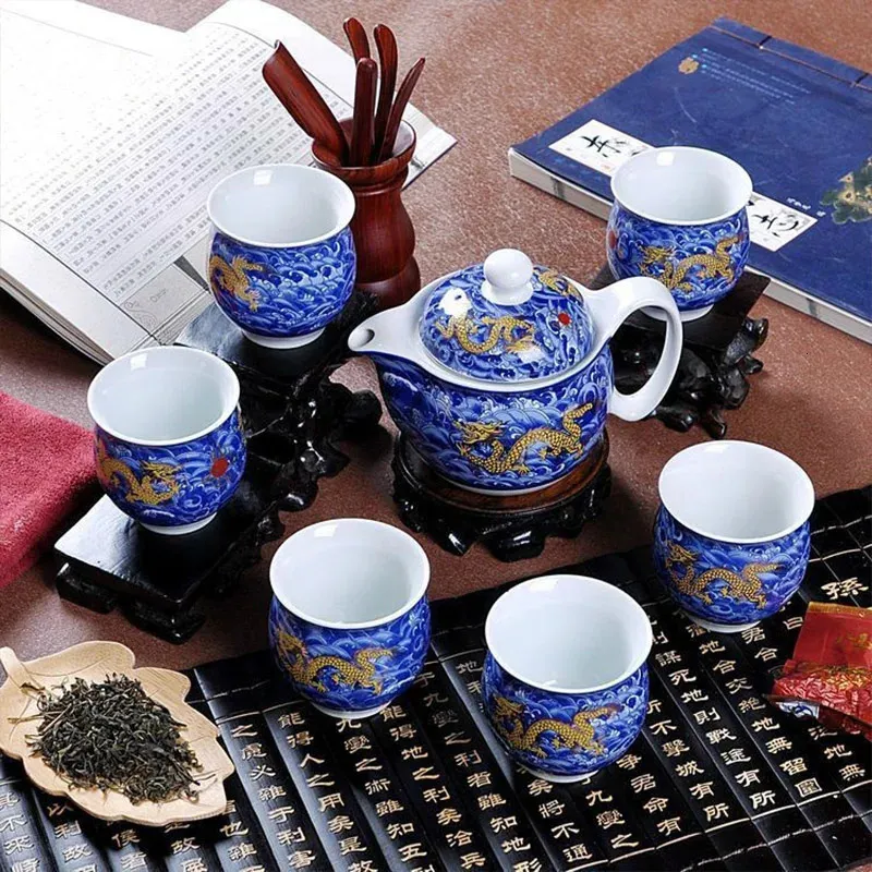 Tea Cups Chinese Ceramic Set Kung Fu Porcelain Cup Pot Dragon Teapot ...