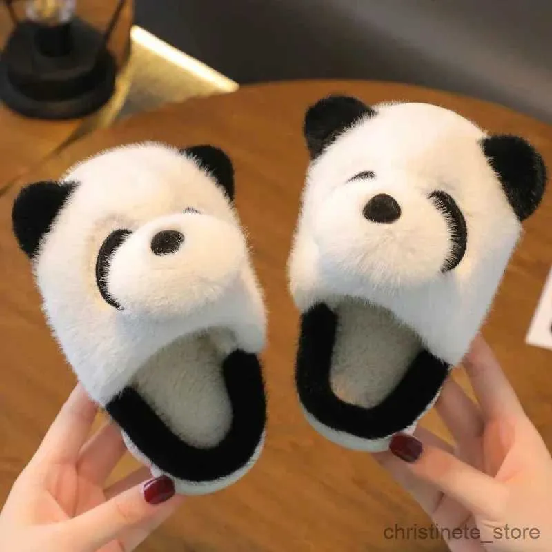 Kids Panda Slippers - Warm Fluffy Cartoon Slides, Korean Style Indoor ...