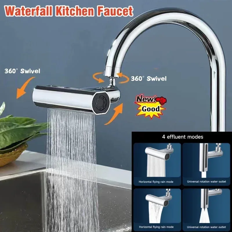 Waterfall Kitchen Faucet 4 Modes Brass Bathroom Sink Faucet With Pull ...