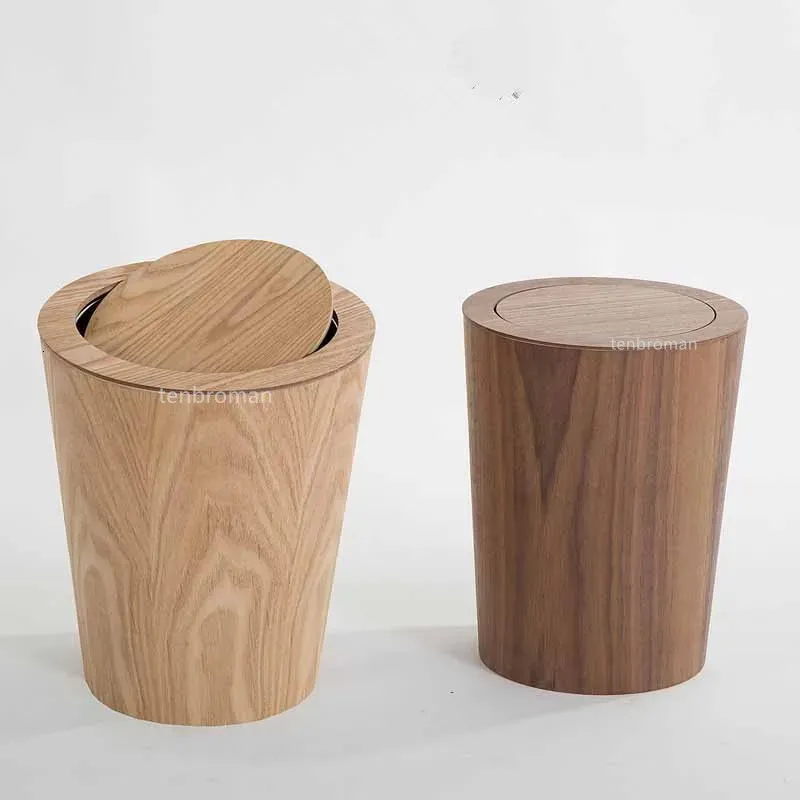 Round Garbage Can Solid Wood Waste Bin 9L with Swing Lid - Home, Office ...