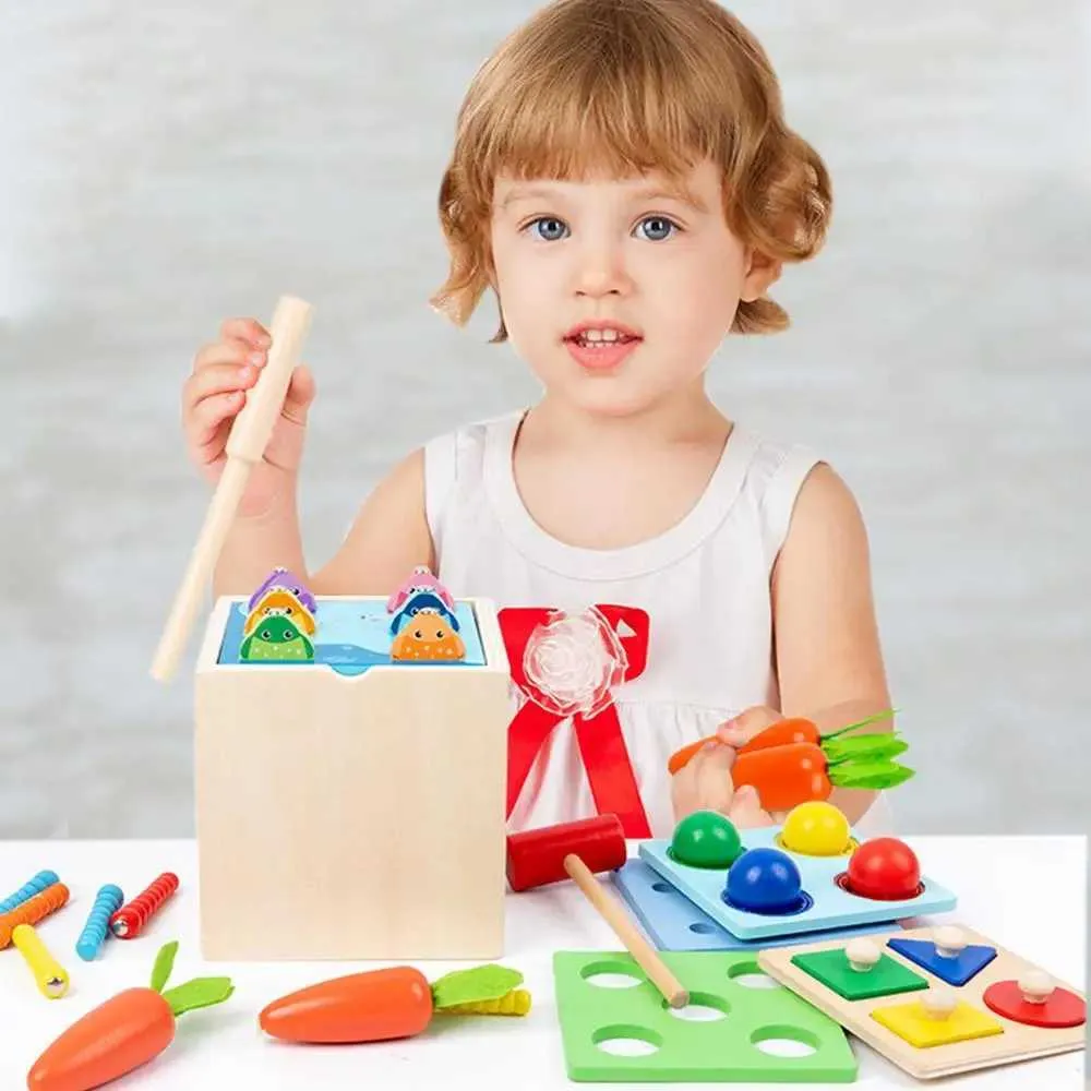 5-in-1 Montessori Wooden Toy Set - Sorting, Stacking, Nesting, Fishing ...