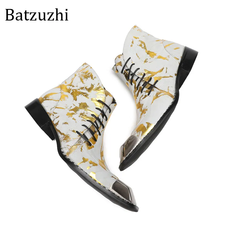 Yellow Genuine Leather Cowboy Boots for Men, Western Ankle Boots with ...