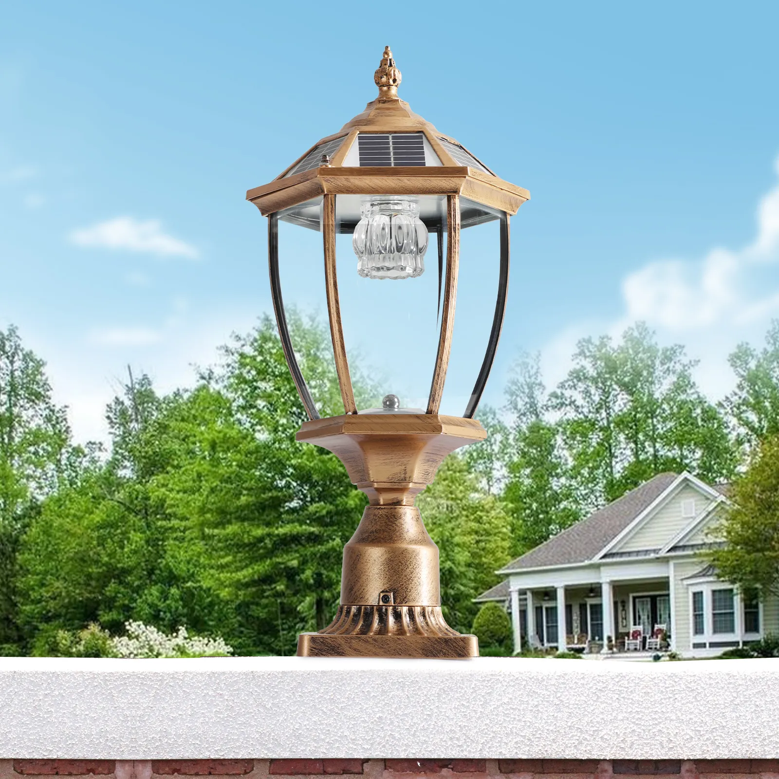Solar-Powered Vintage Gold Column Spotlight, Dimmable LED Garden Light ...