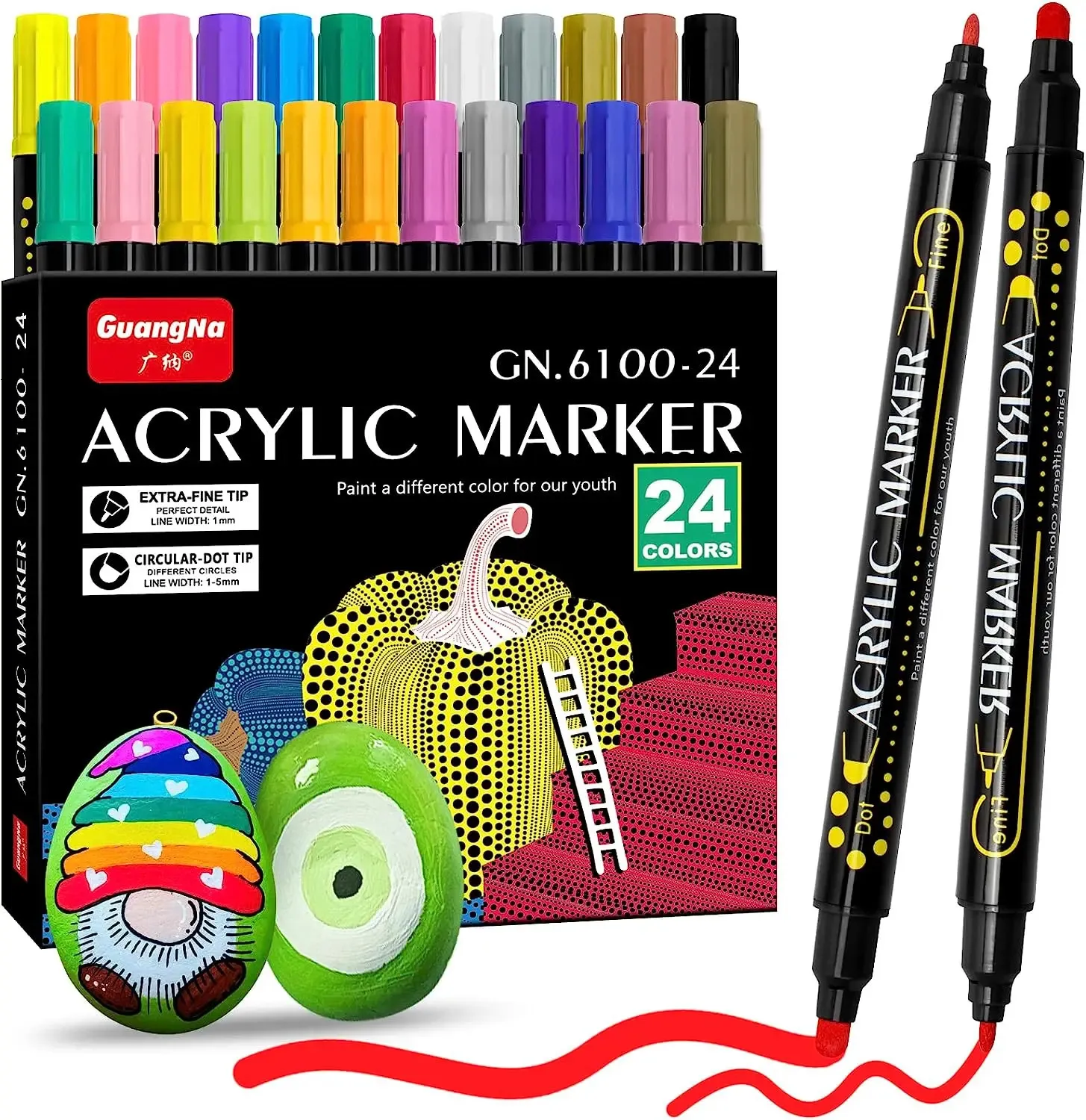 24 Vibrant Colors Dual Tip Acrylic Paint Pens - Rock Painting Markers ...