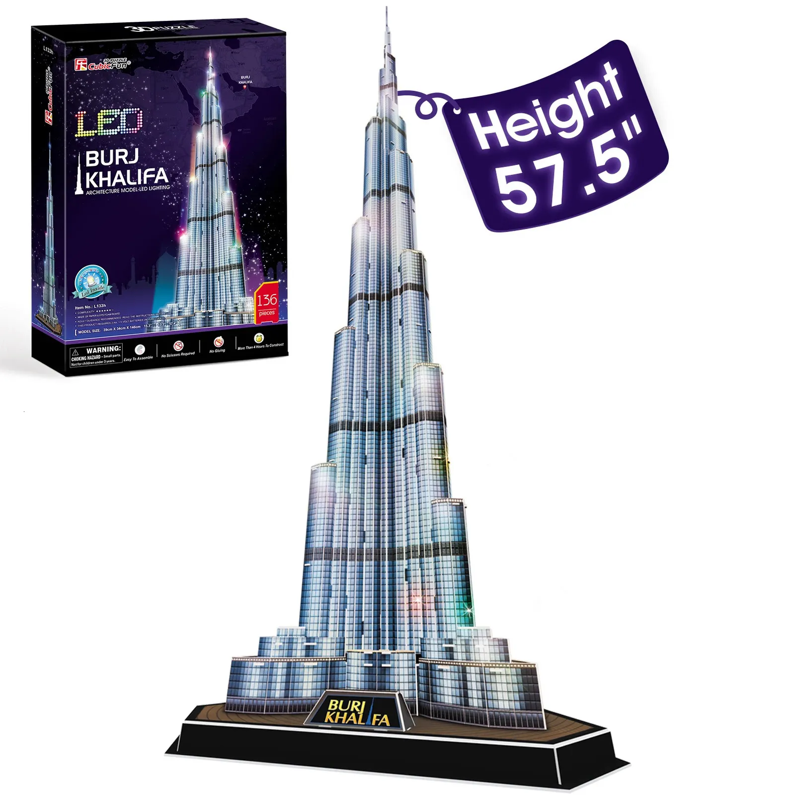 3D Puzzles CubicFun LED Dubai Burj Khalifa 575 H Architecture Building ...