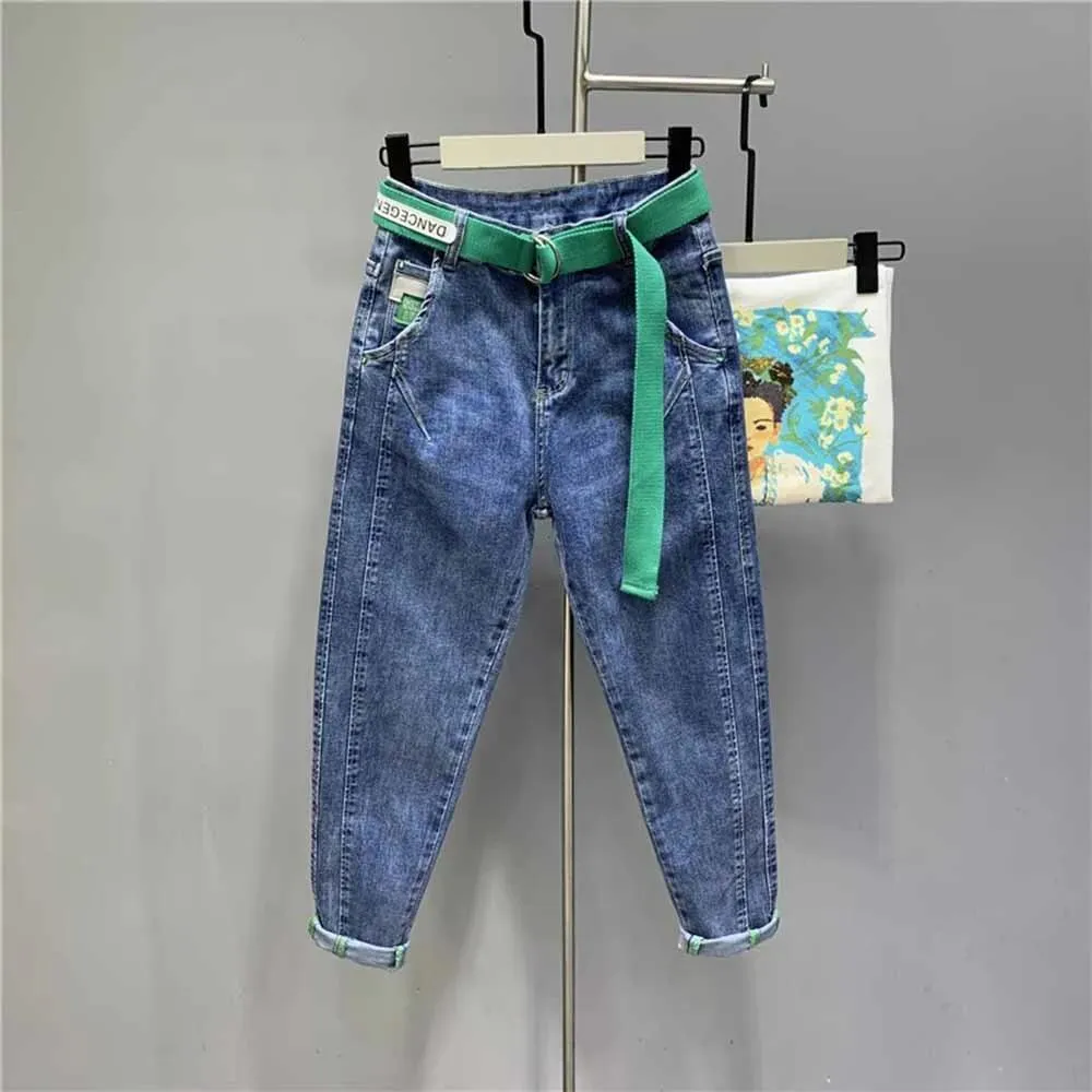 Jeans Vintage Blue Harem Jeans Mit Gürtel Frauenbutton Hoher Taille ...