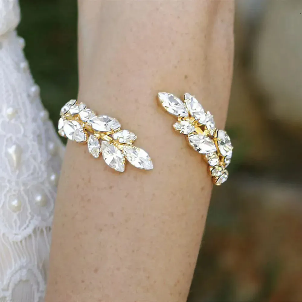 Bridal Open Leaf Bracelet Upper Cuff Body Bangle with Crystal Accents ...