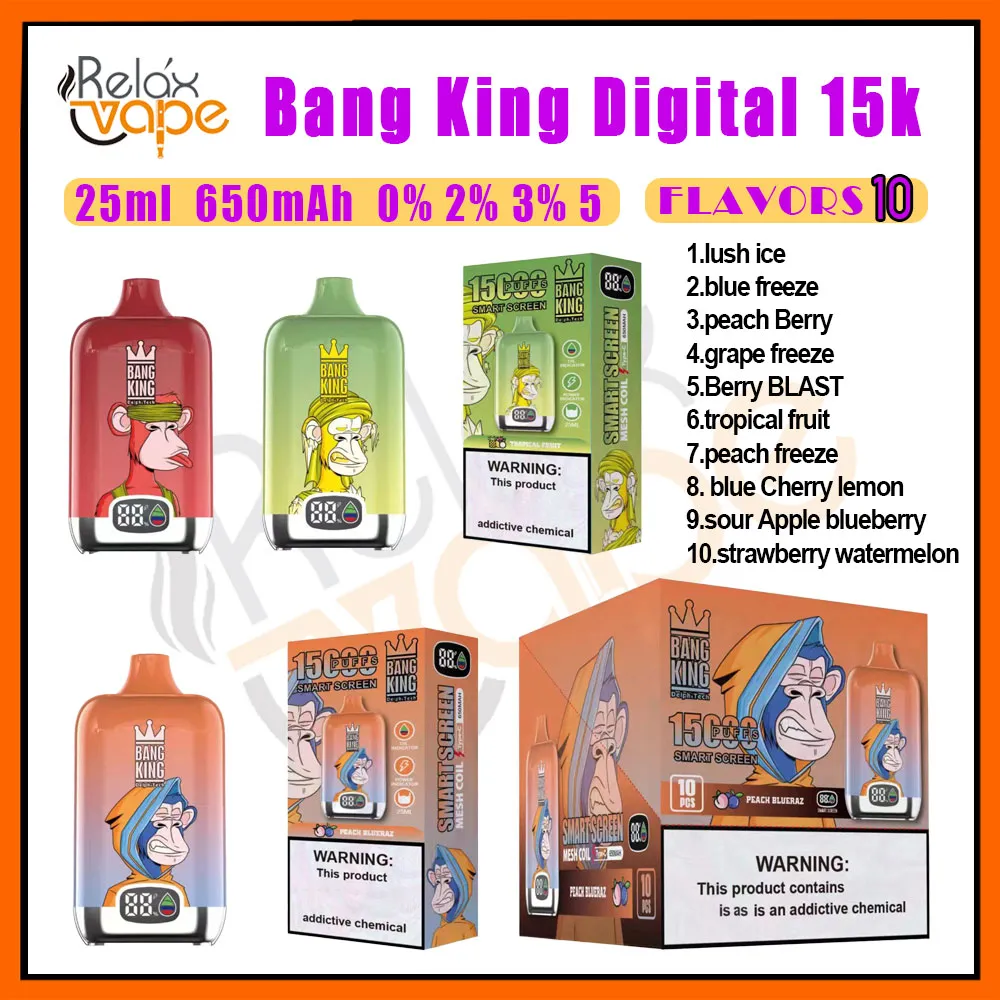 Bang King Digital 15k Puff Disposable Vape E Cigarettes Mesh Coil 25ml ...