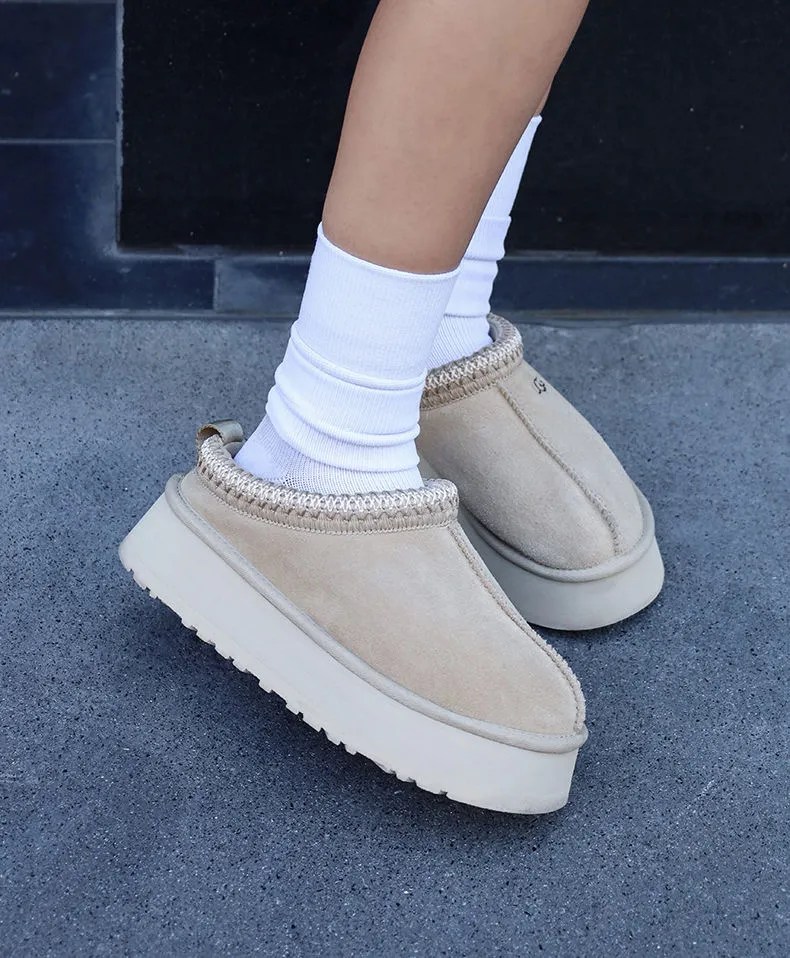 Women's Cozy Suede Slippers - Platform Fur Slides, Winter Wool Booties ...