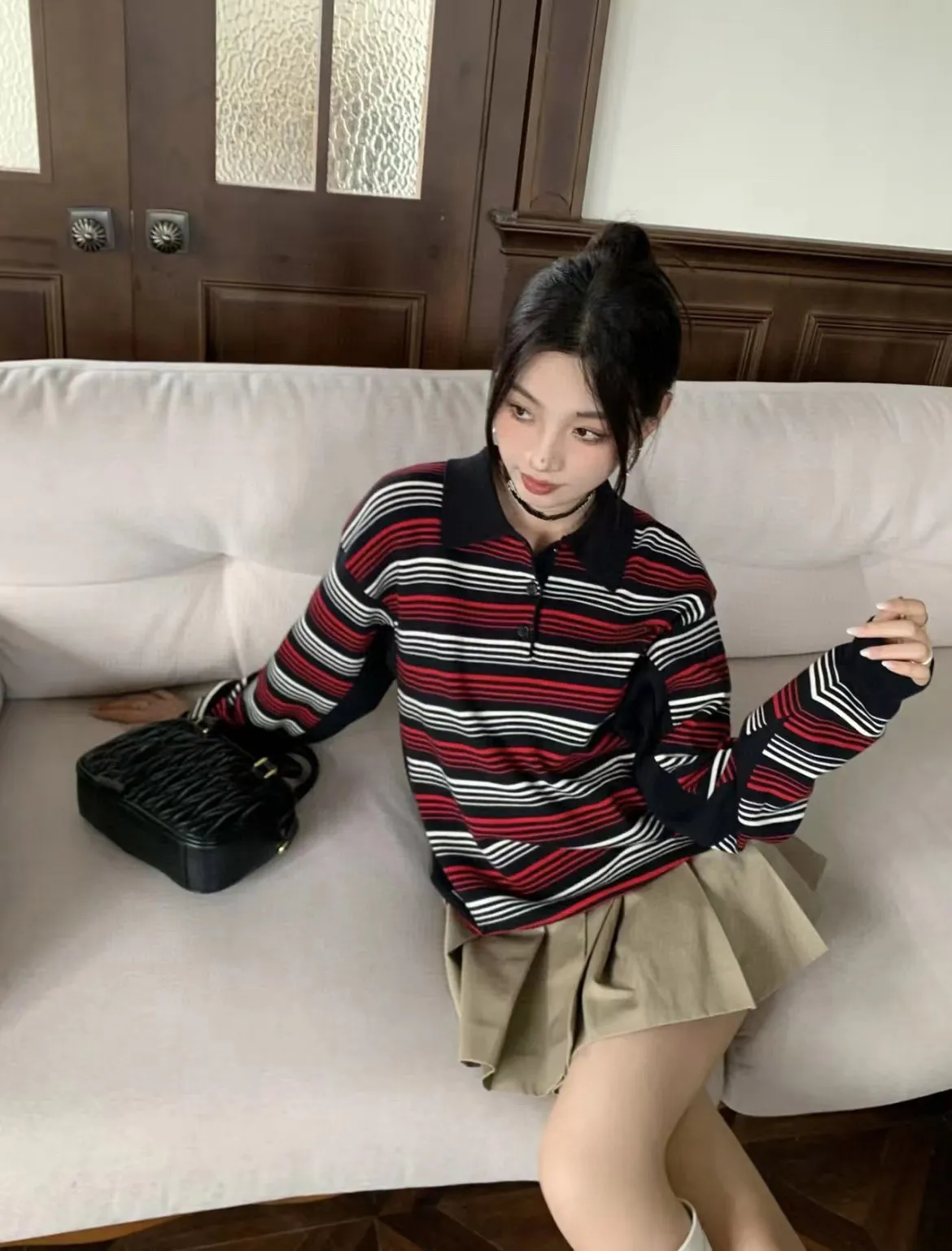 DHgate.com:Retro Style Long Sleeve Colorblock Womens Polo Shirt:Apparel