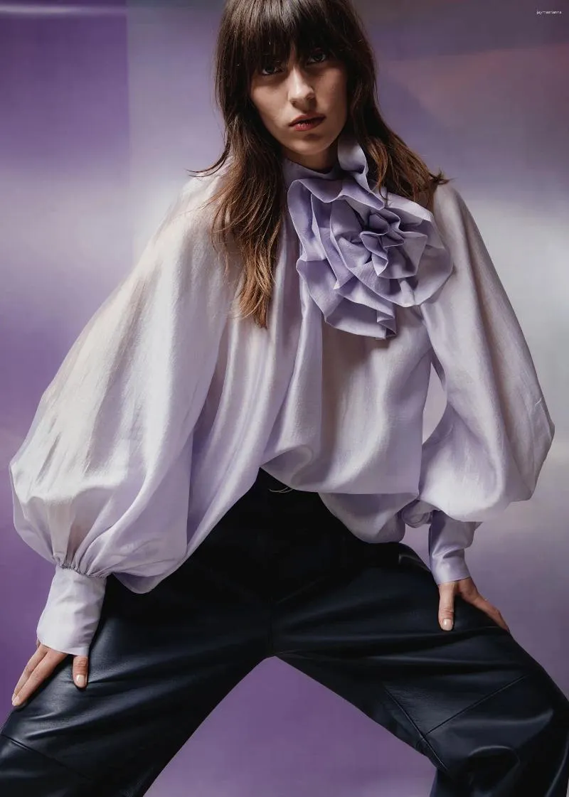 Women's Lightweight Polyester Blouse with Lantern Sleeves and Rose ...