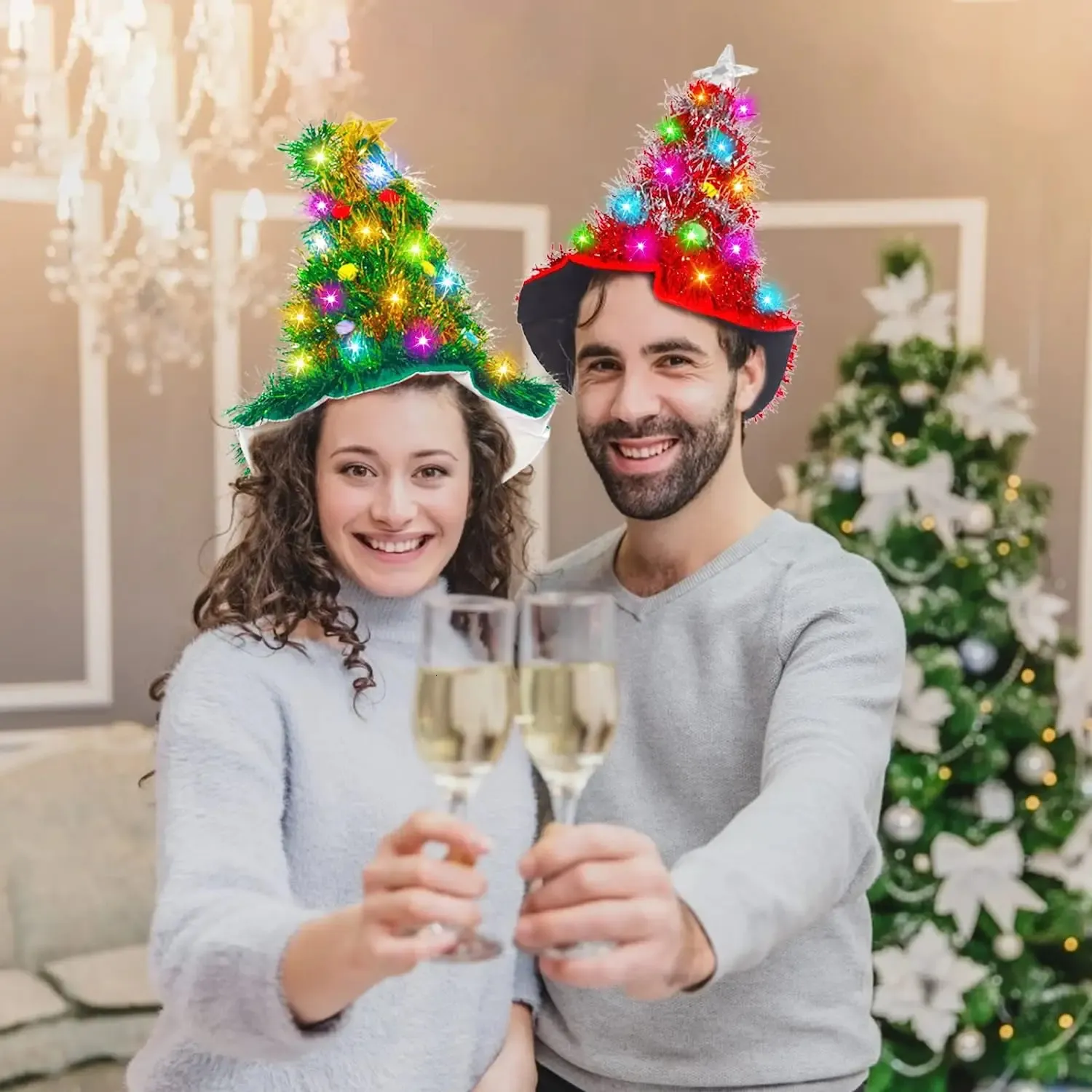 Christmas Tree Hats with LED Colorful Lights Star Tinsel for Adults and ...