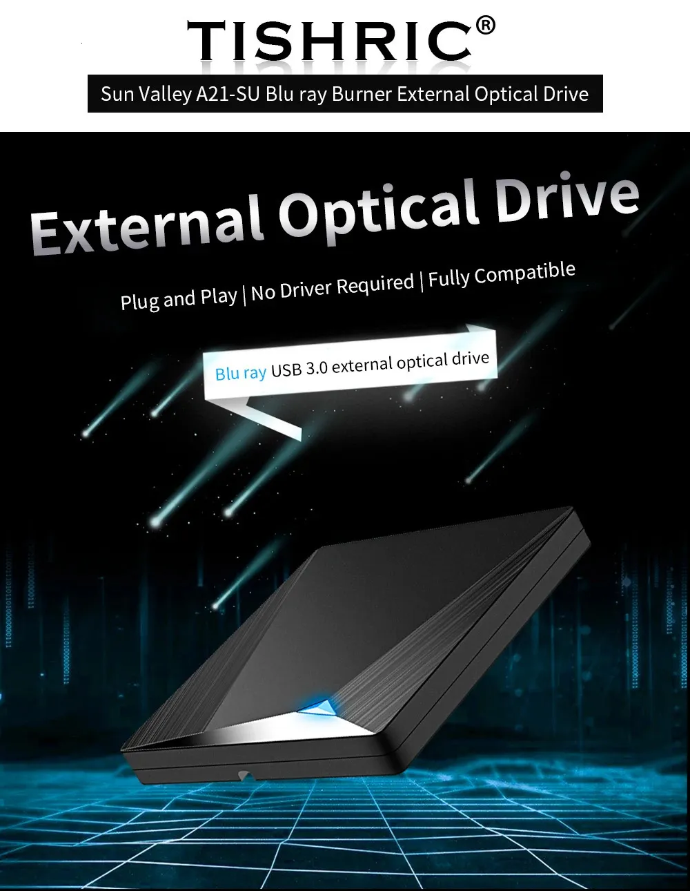 TISHRIC 3D Blu-ray USB 3.0 External Drive Slim BD-CD-DVD Optical Bluray ...