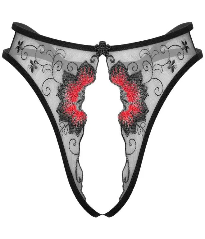 Lace Open Crotch Thong Lingerie Erotic Underwear Women Mesh Seethrough