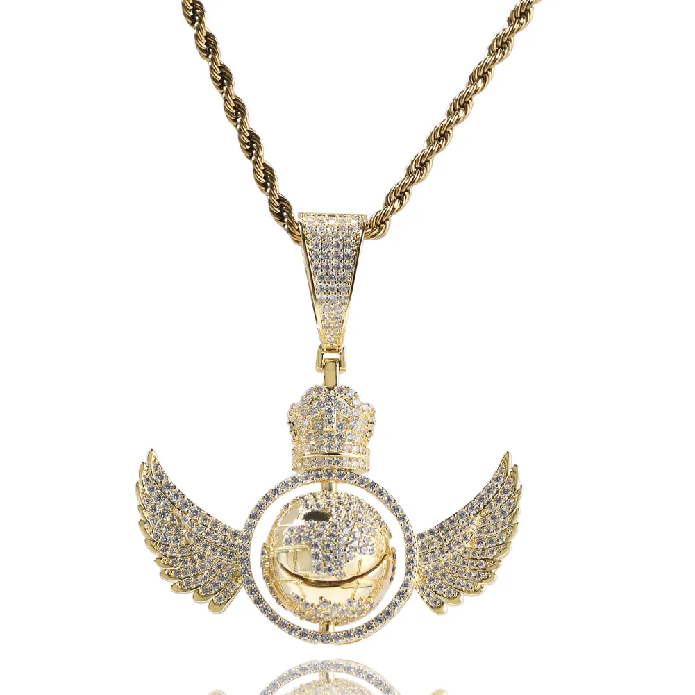 Angel Wings Rotate The Globe Pendant Necklace 5A Zircon, 18k Gold ...