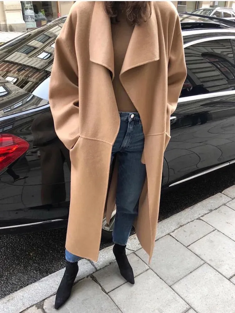 Women's Woolen Long Coat Winter Side Slit Big Turn-Down Collar Warm ...