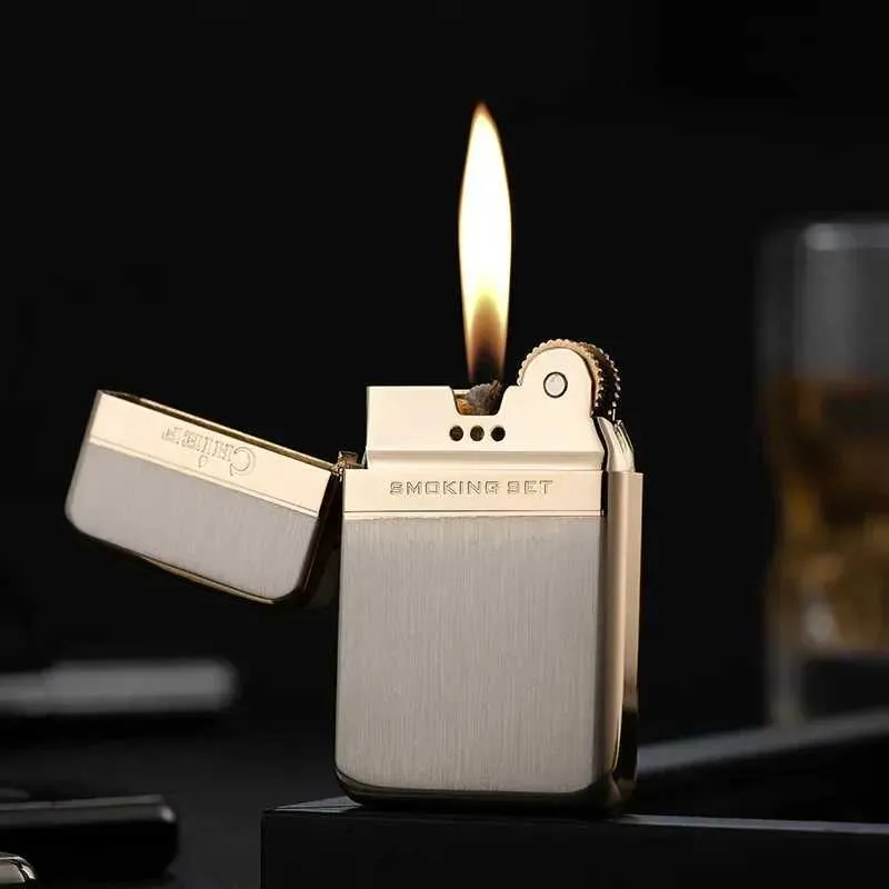 Vintage Brass Kerosene Lighter - Slim Windproof Grinding Wheel Ignition ...