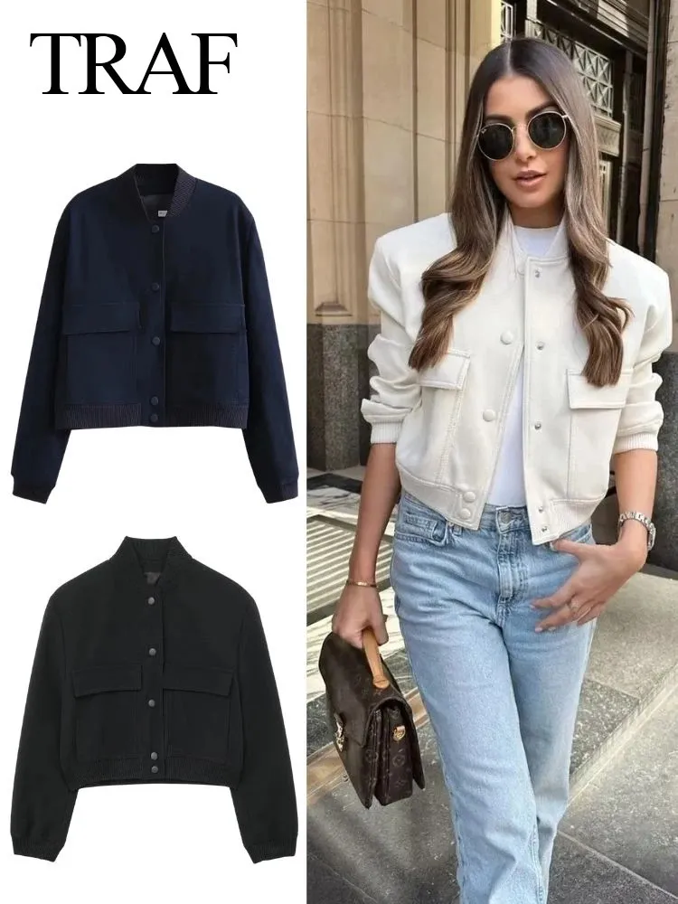 Traf Vintage Solid Long Sleeve Bomber Jacket, Spring Women's Casual ...