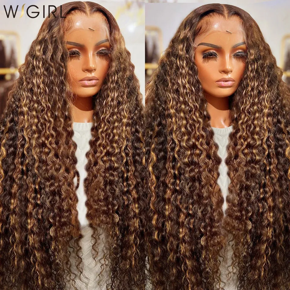 4/27 Highlight Curly Human Hair Wig - 30 40 Inch Deep Wave Lace Frontal ...
