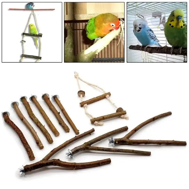 10-Piece Natural Wood Parrot Perch Set - Cage Accessories, Swings ...