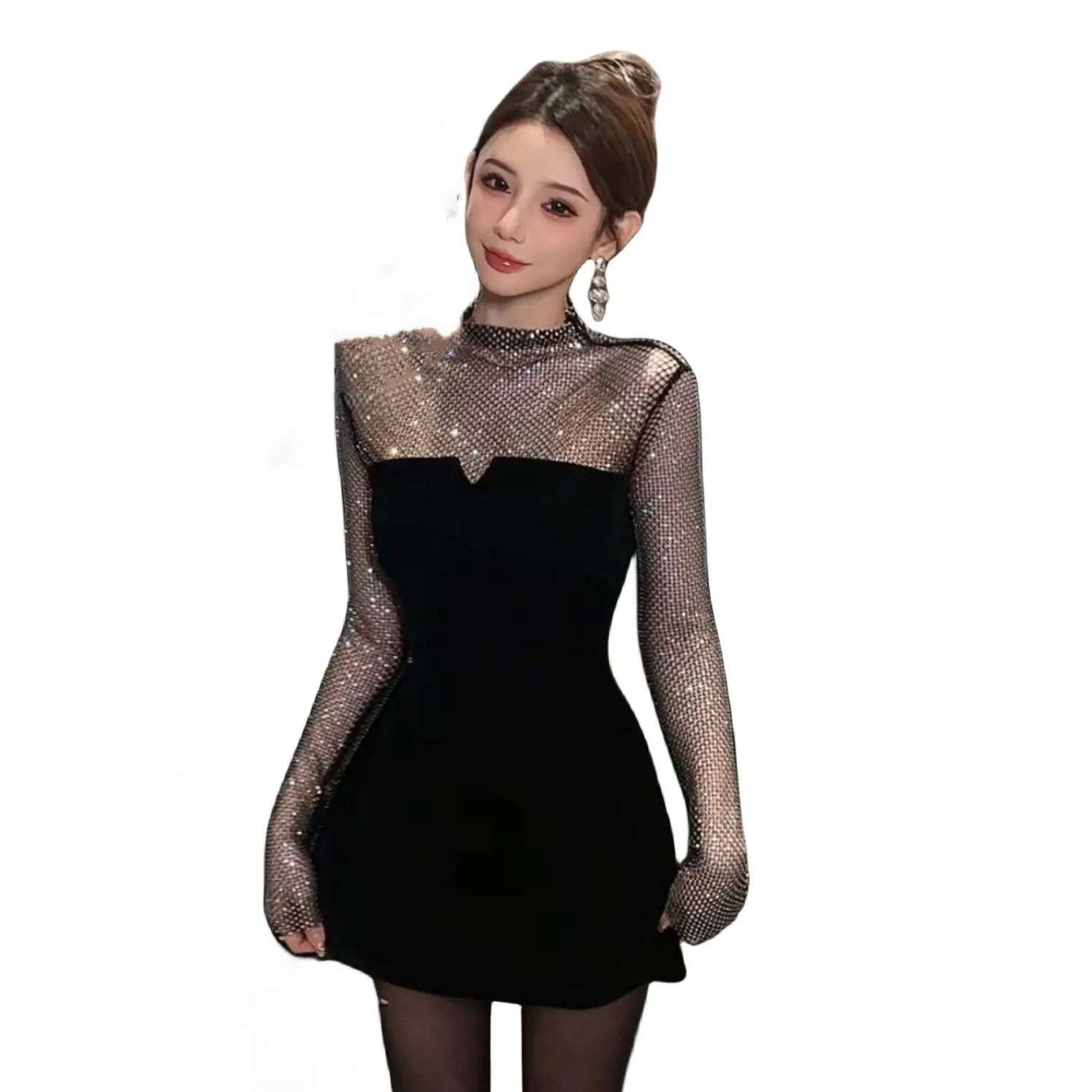 DHgate.com:Sexy Velvet Mini Dress: Stand Collar Gauze Perspective ...