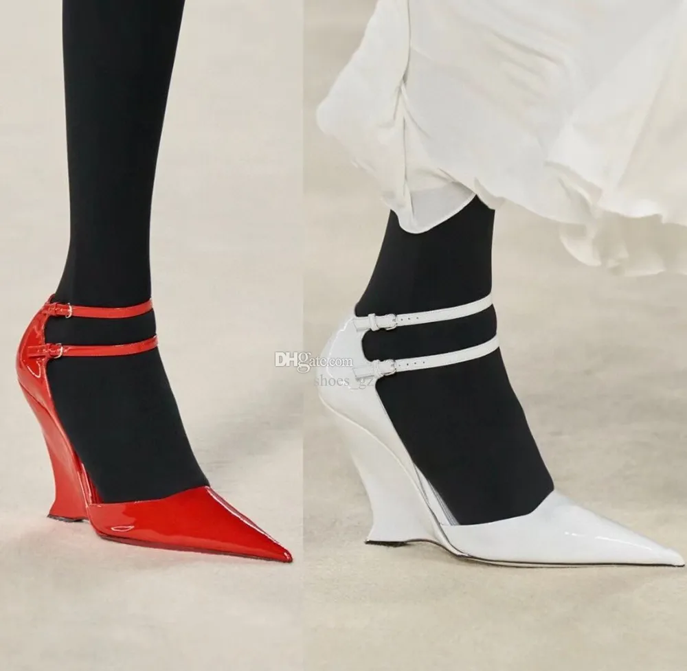 Wedge Pointy Heels Shoes Sandals Patent Leather High Heeled Ankle Strap ...