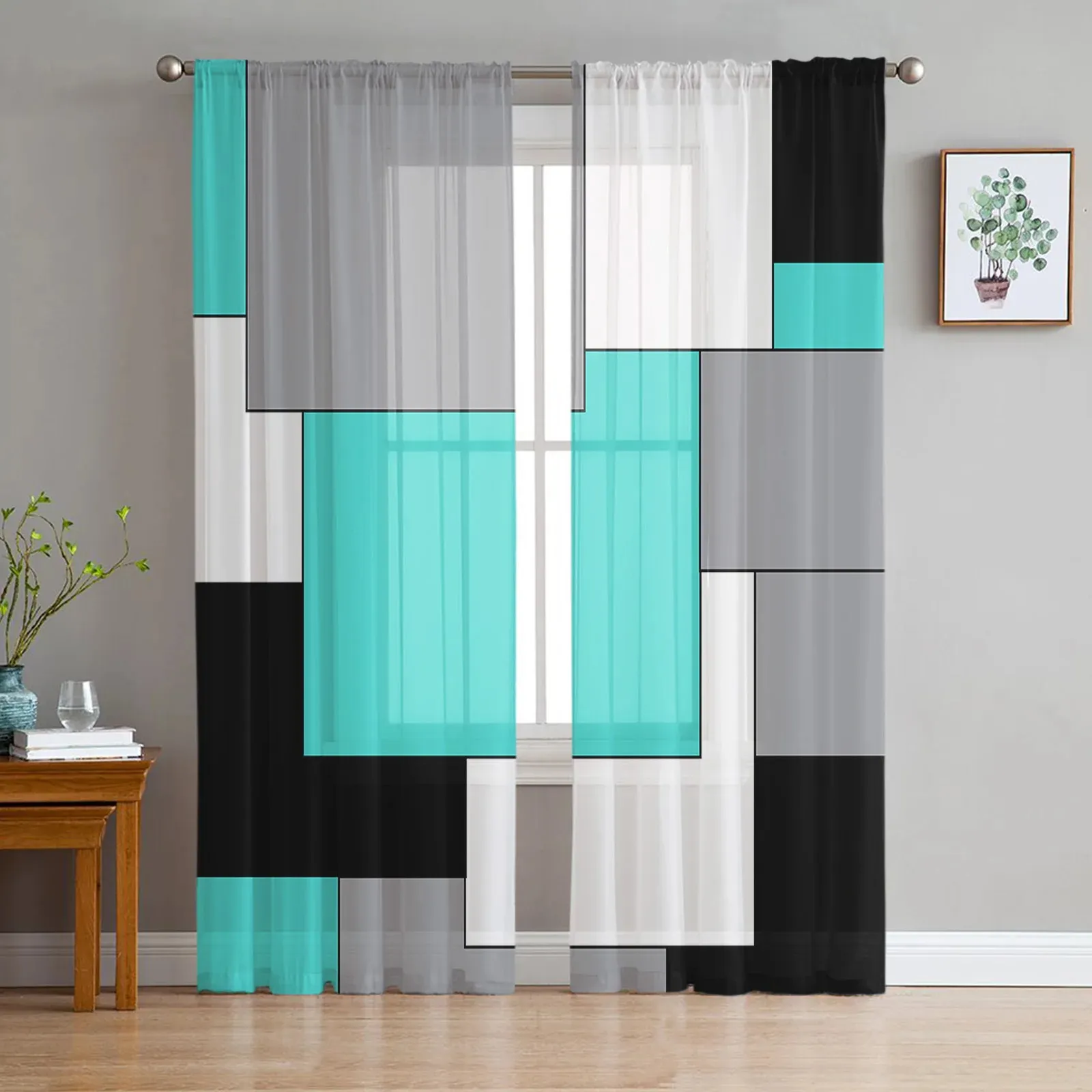 DHgate.com:Aqua Turquoise Black Grey Color Voile Sheer Curtains Living ...
