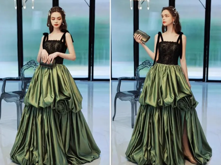 Elegant Spaghetti Strap Lace & Satin Prom Dress - Floor-Length Ruffled ...