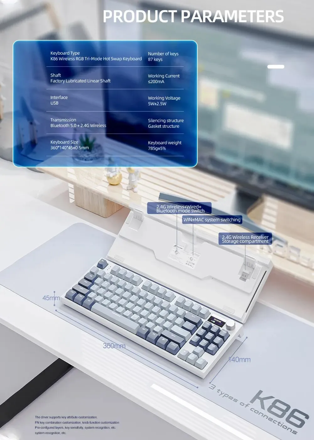 K86 Wireless Swappable Mechanical Keyboard Bluetooth24g With Display ...