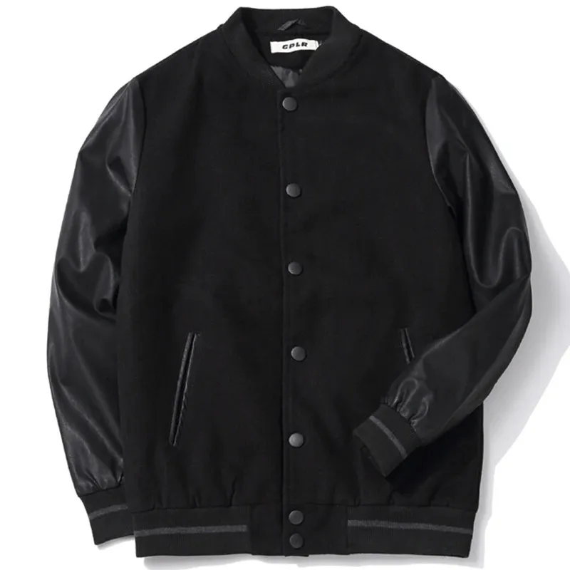 GPLR Black Faux Leather Letterman Jacket With Ribbed Cuffs & V Neck ...
