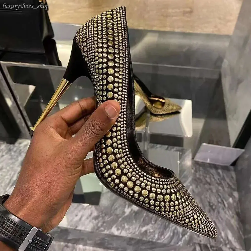 Gold Pumps with Metal Studs, Crystal Encrusted Pointed Toes, and ...