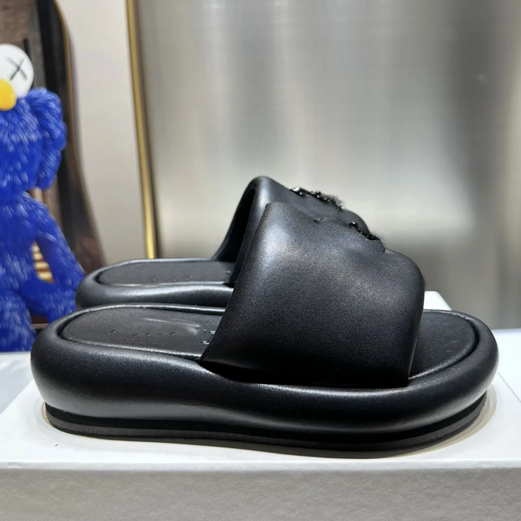 Designer Platform Slides: Thick Fluffy Leather, Metal Badge, Casual ...