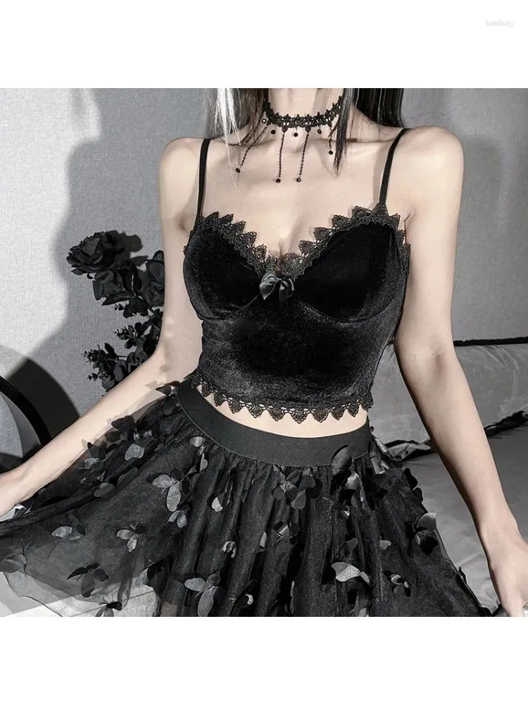 Womens Tanks 2024 Vintage Gothic Velvet Vest Women Camis Grunge Punk
